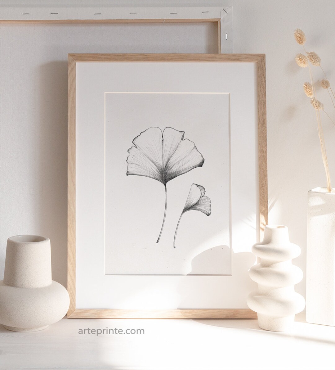 Ginkgo Leaf Print, Minimalist Pencil Drawing Art, Black and White ...