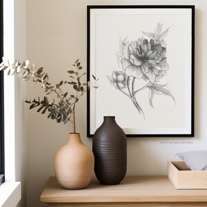 Peony Flower, Graphite Pencil Drawing, Gray & White Print, Minimalist ...