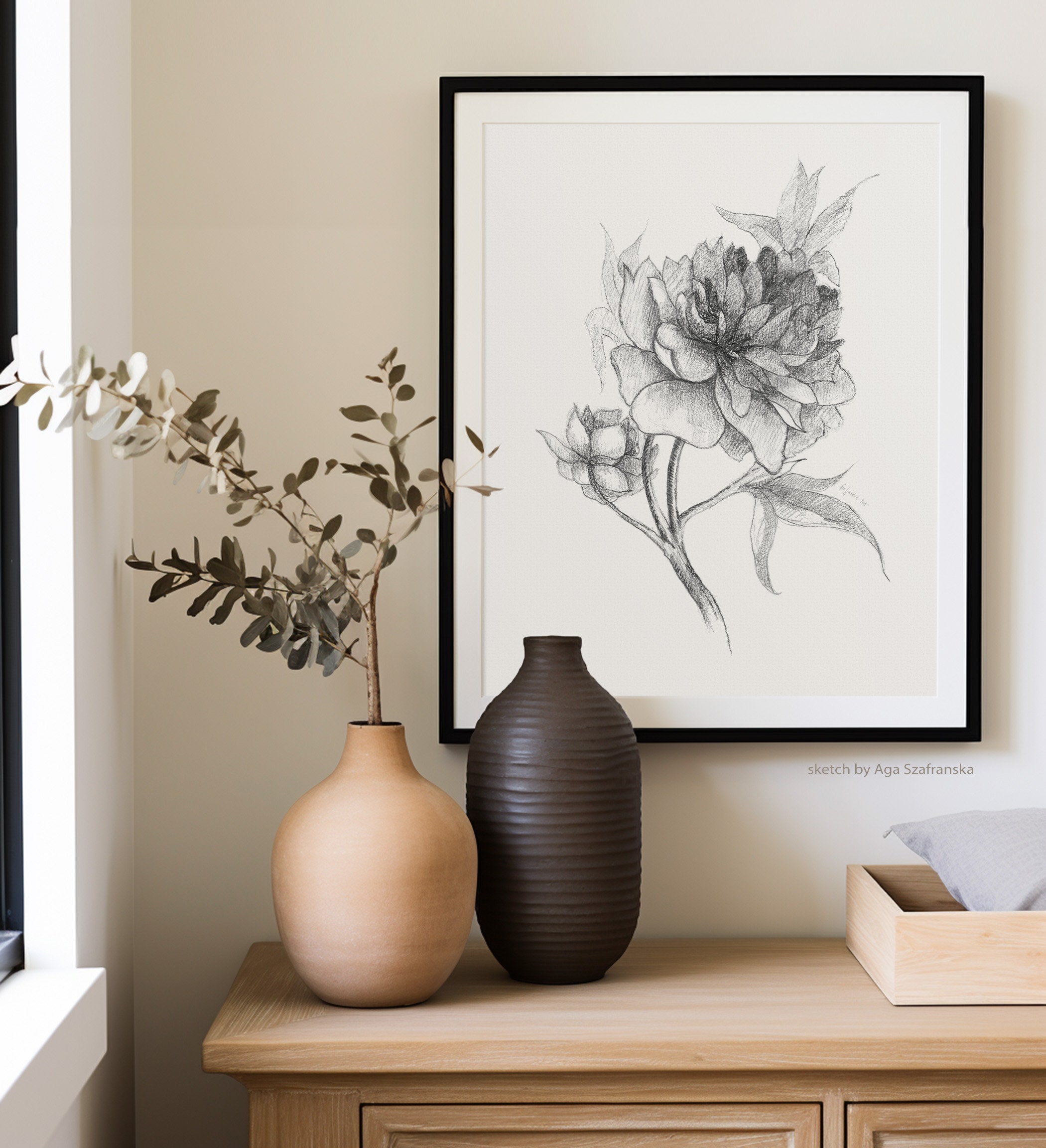 Peony Flower Sketch Art Print Graphite Pencil Drawing Minimalist Rustic ...