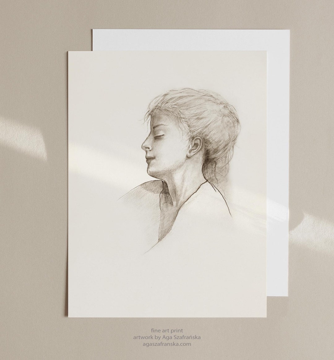 Pencil Drawing Woman Portrait Minimalist Art Print, Graphite Aesthetic ...