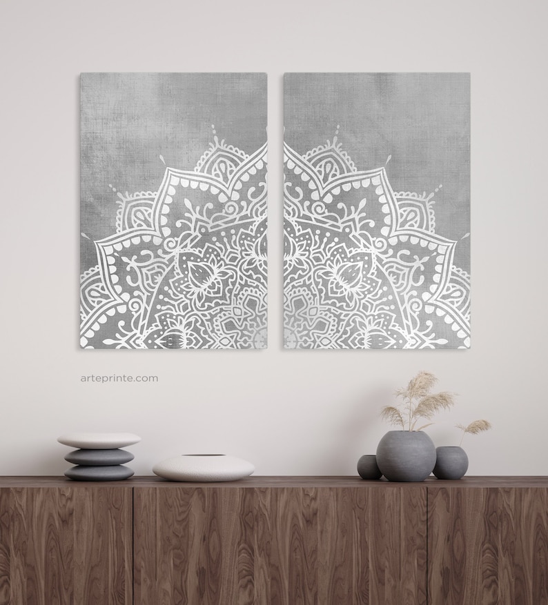 Gray Mandala Wall Art Set: Boho Home Decor, 2 Piece Canvas or Paper ...
