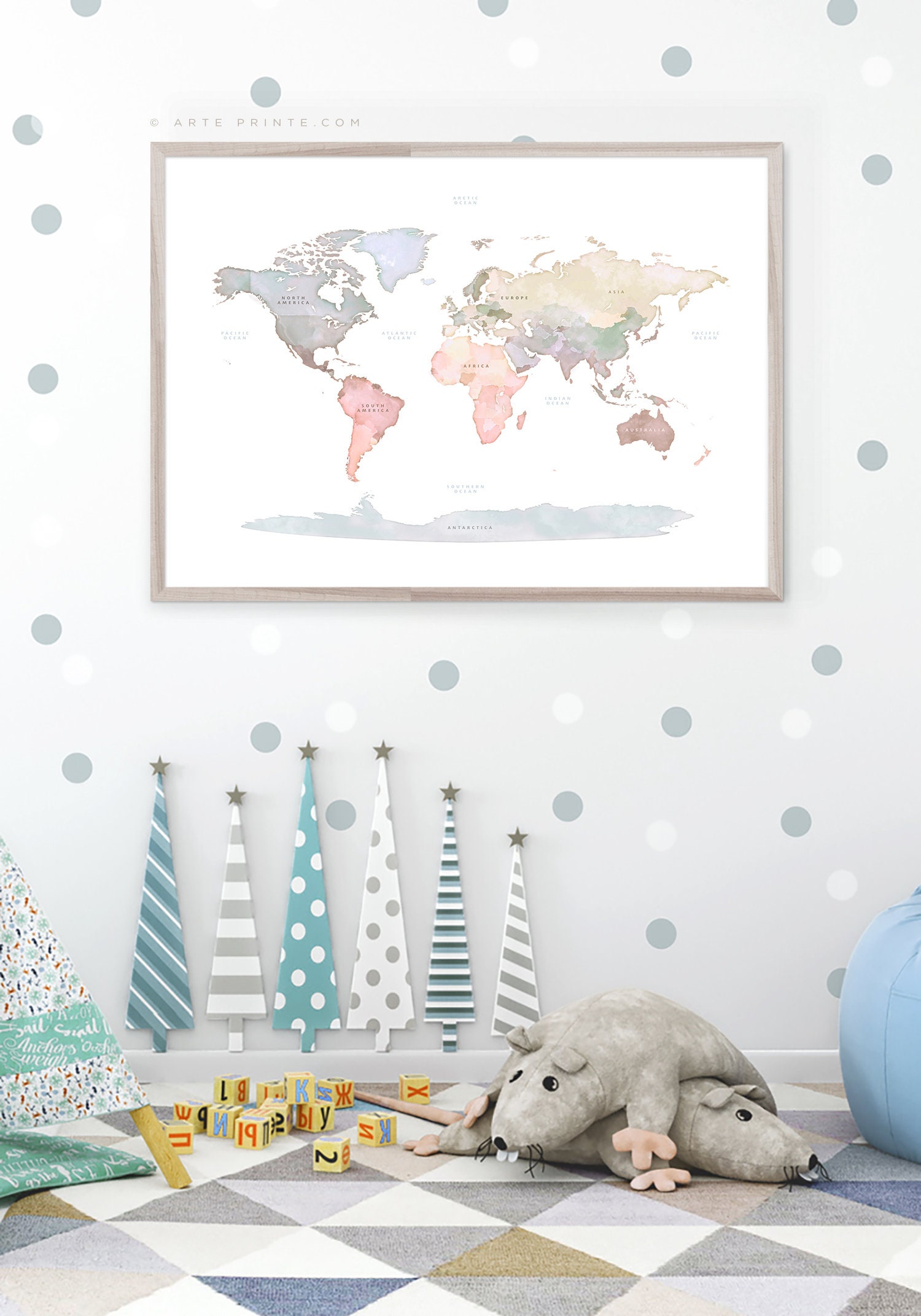 Pastel World Map With Continents Names World Map Wall Art | Etsy Canada