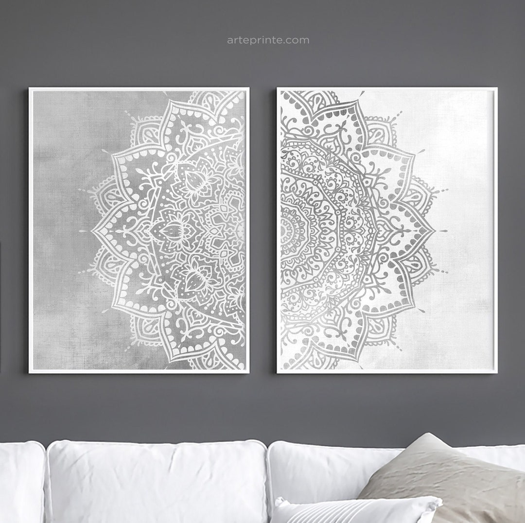 Gray Mandala Wall Art Set of 2 Prints: Boho Bedroom Decor, Zen Abstract ...