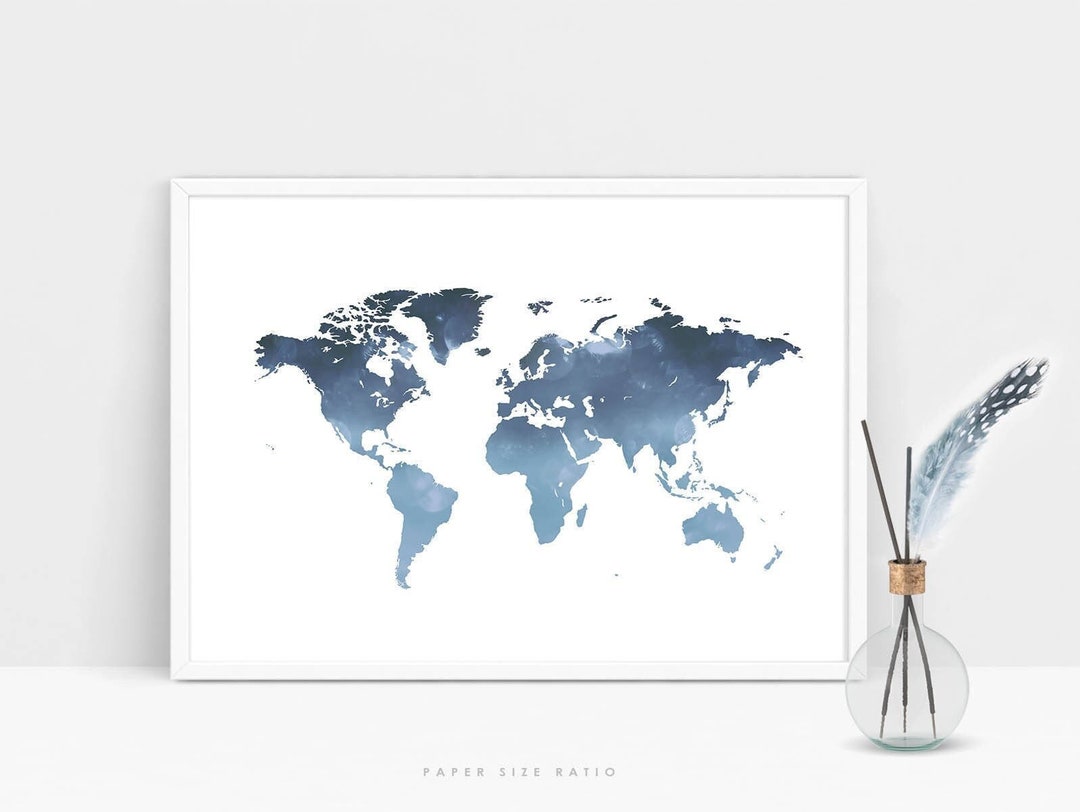 World Map Wall Art, Navy Blue Modern Minimalist Map Print: Travel Decor ...
