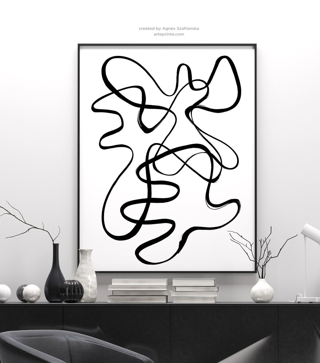 Abstract Black & White Lines Art Print, Modern Minimalist Wall Art ...