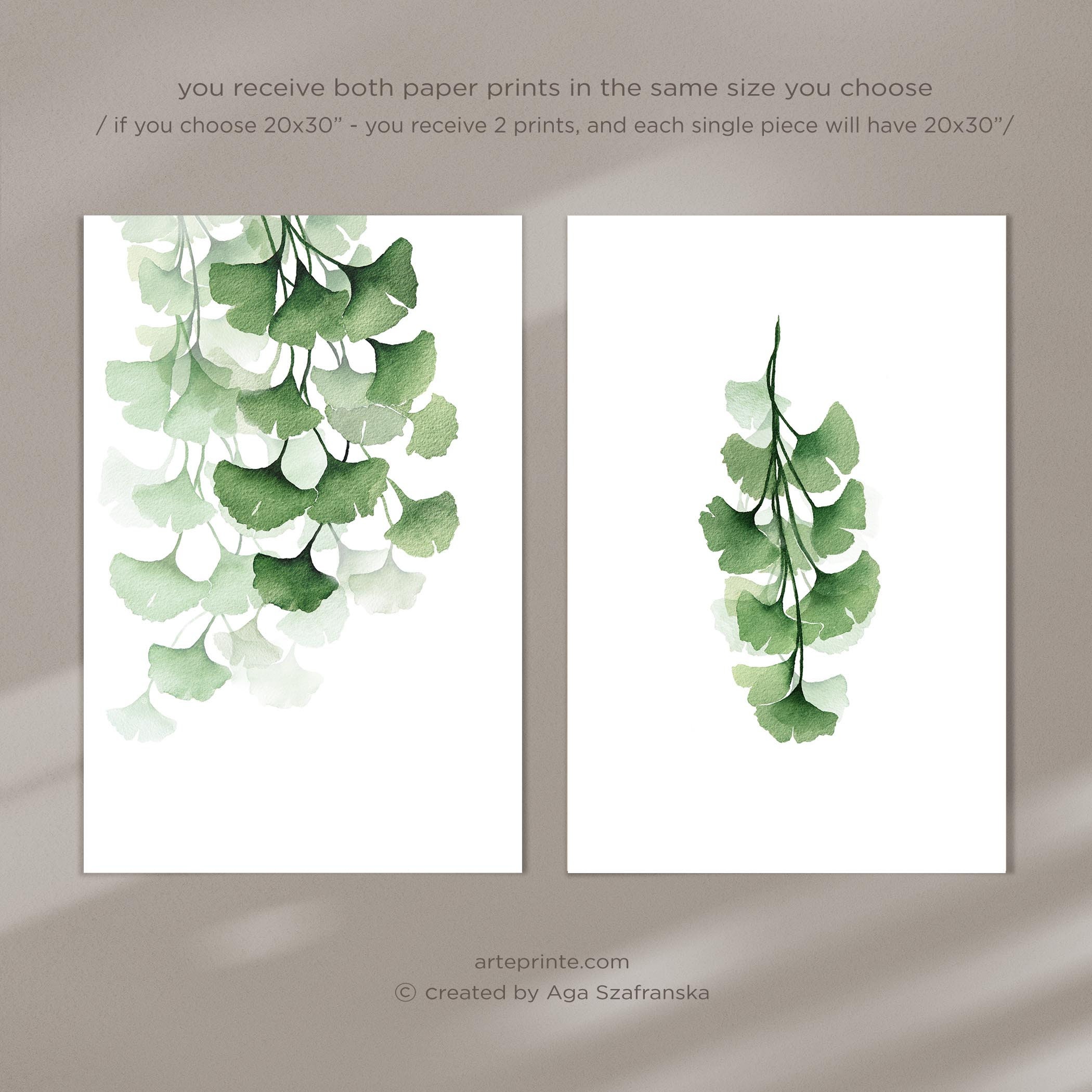 Ginkgo Leaf Watercolor Prints Set of 2: Green Branches Painting ...