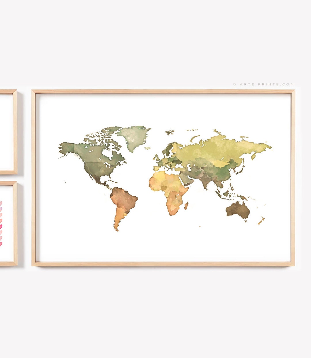 World Map Print, Minimalist World Map Wall Art, Warm Earthy Green ...