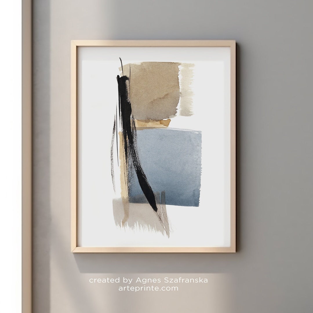 Minimalist Abstract Giclee Print Blue Beige Watercolor And Black Ink Etsy