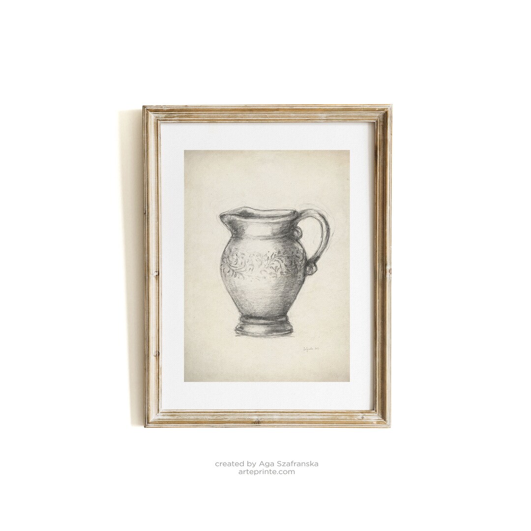Vintage Pitcher Sketch Pencil Drawing Farmhouse Kitchen Decor Rustic ...