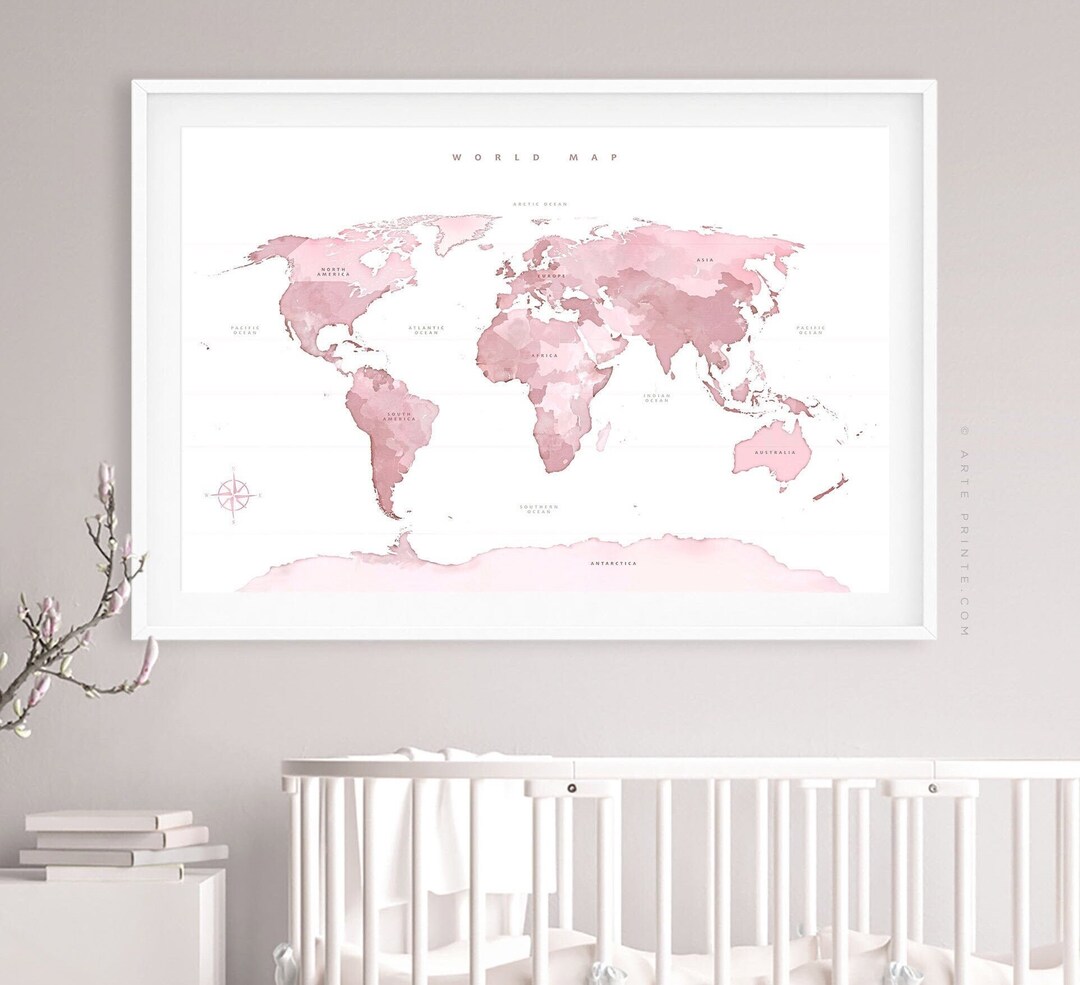 Pink Watercolor World Map Print: Girl Nursery Decor, Travel Art ...