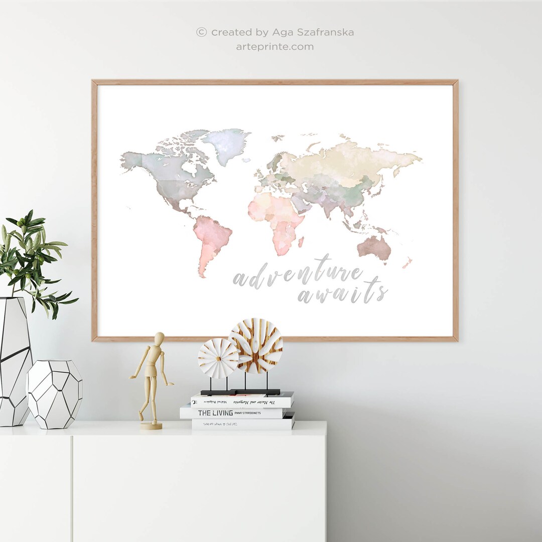 World Map Wall Art ADVENTURE AWAITS MAP Art Print Pastel Map - Etsy