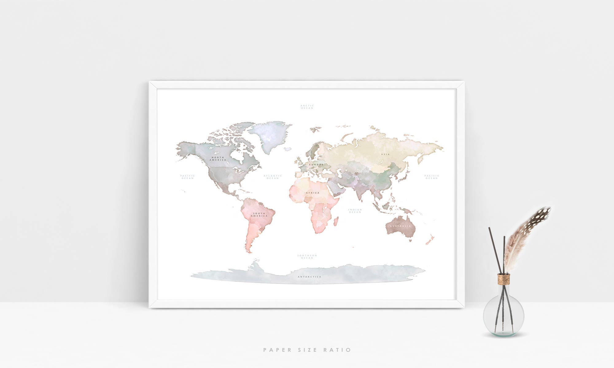 Pastel World Map With Continents Names World Map Wall Art - Etsy Canada