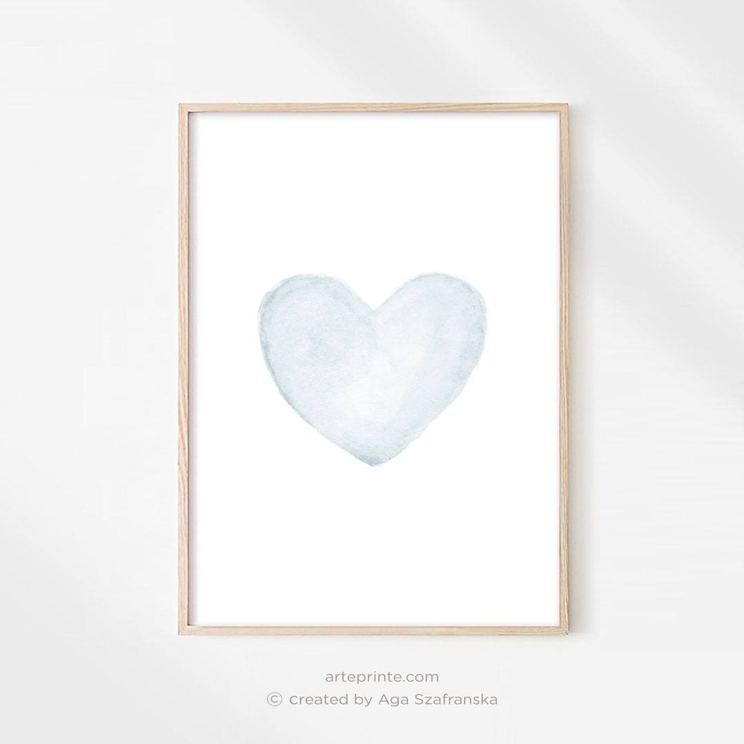 Blue Heart Print, Watercolor Heart Art, Nursery Print, Muted Pale Blue ...