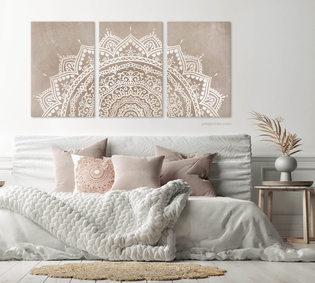 Vintage Boho Mandala Wall Art Set of 3 Prints - 3 Piece Large Beige ...