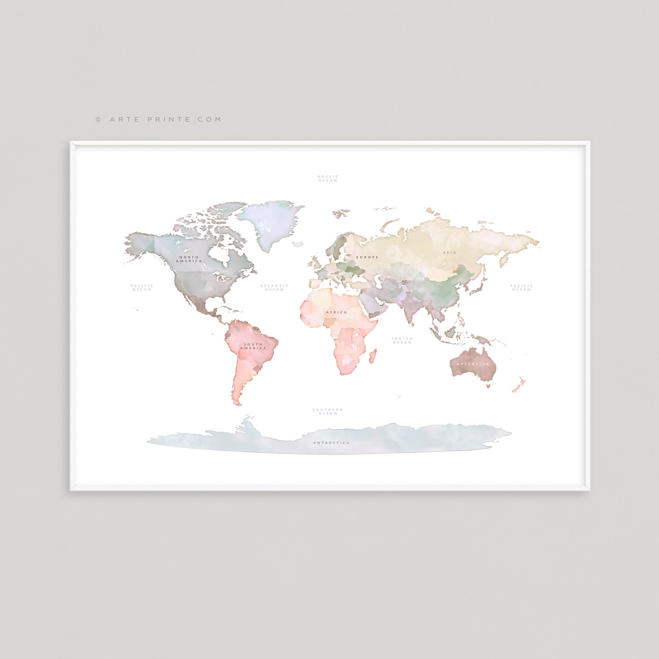 Pastel World Map With Continents Names World Map Wall Art - Etsy Canada