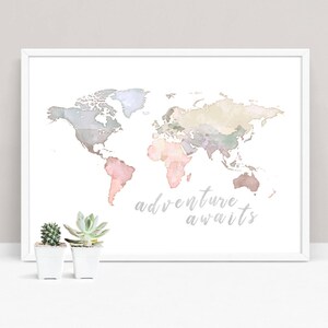 World Map Wall Art, ADVENTURE AWAITS MAP Art Print, Pastel Map of the ...