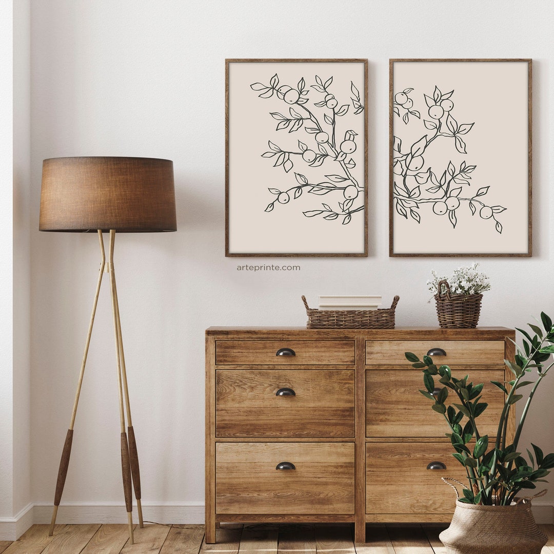 Apple Tree Branches - Line Drawings Prints Set 2 Beige Black Botanical ...