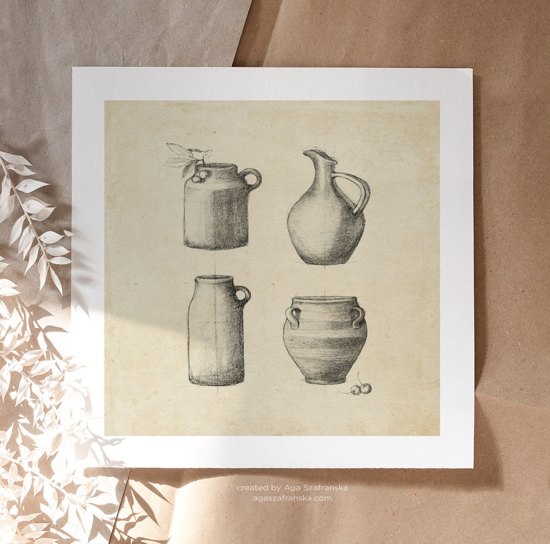 Vintage Antique 4 Pitchers Art Print, Rustic Kitchen Wall Art, Charcoal ...