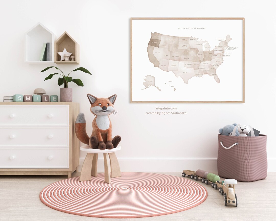 Neutral USA Map Art Print: Beige Watercolor Minimalist Travel Map ...