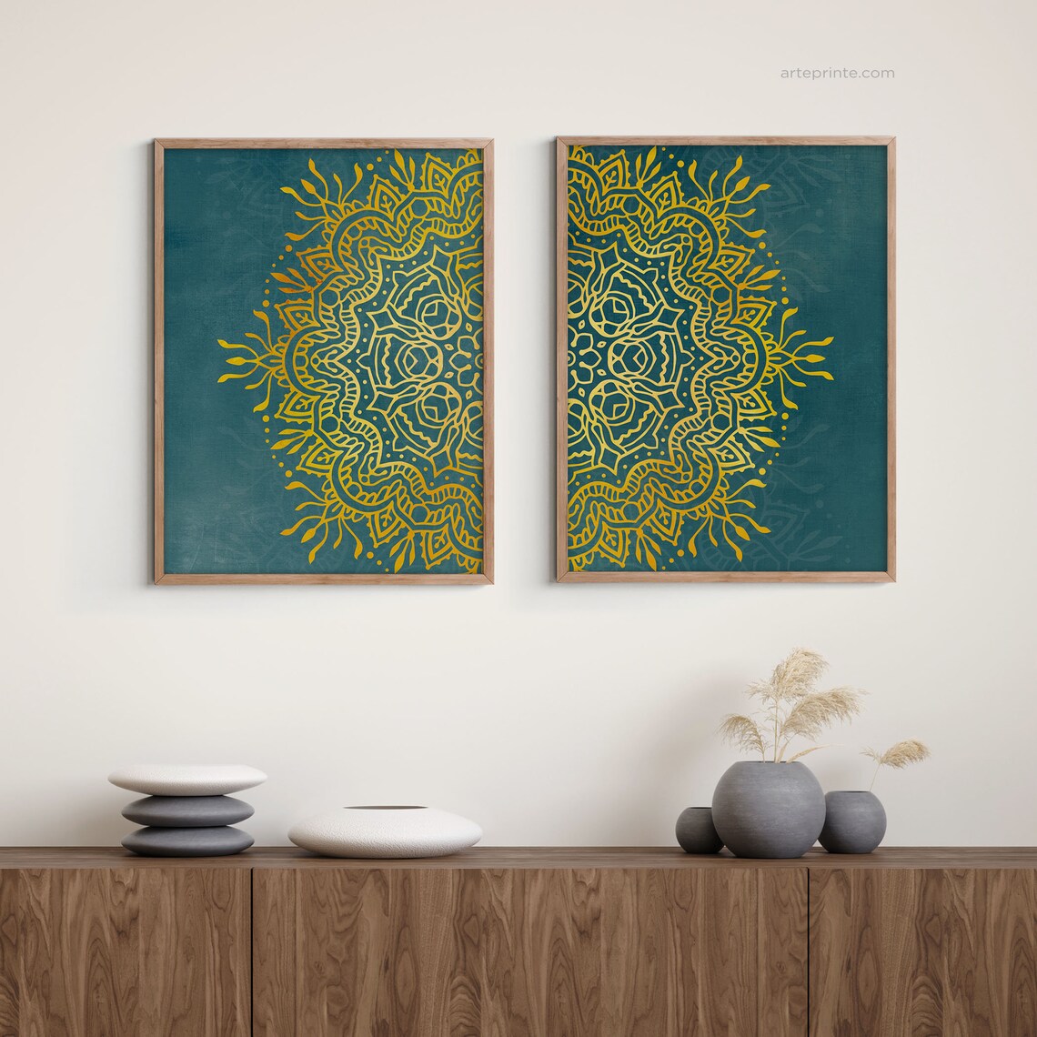 Teal Yellow Orange Mandala Prints Set: Boho Yoga Studio Decor, Paper or ...