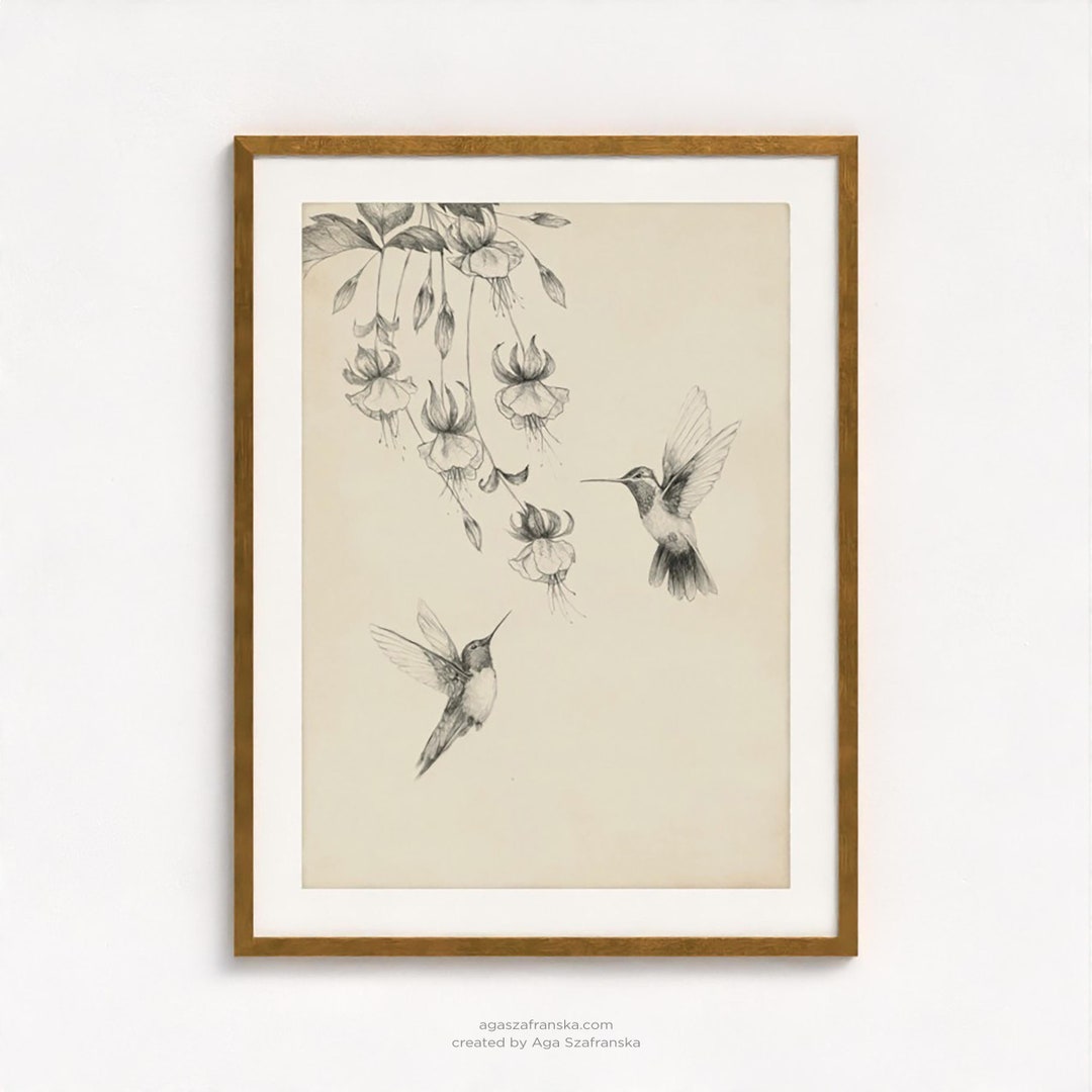 Hummingbirds Art Print, Graphite Pencil Drawing, Flying Pair of Birds ...