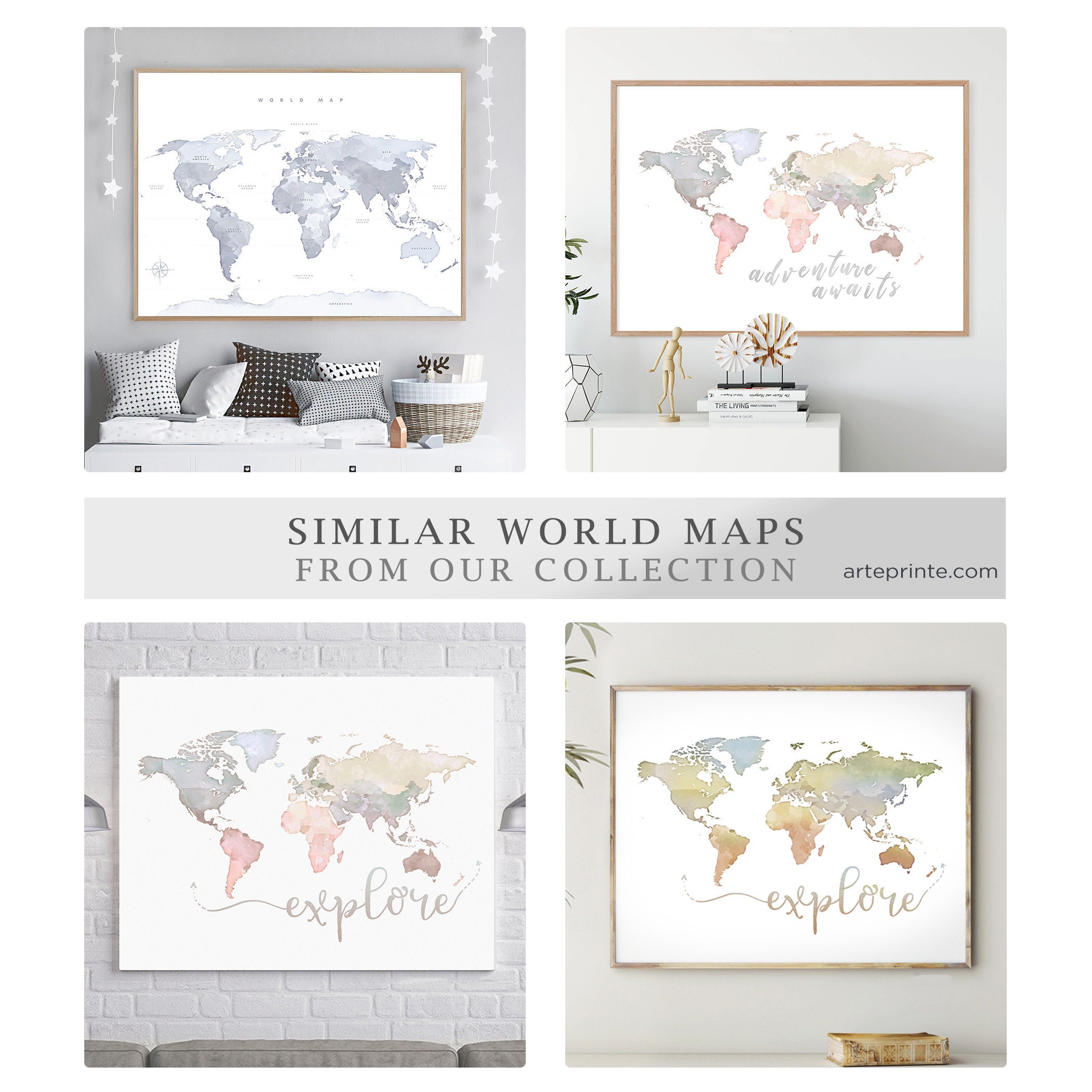 Pastel World Map With Continents Names World Map Wall Art - Etsy Canada