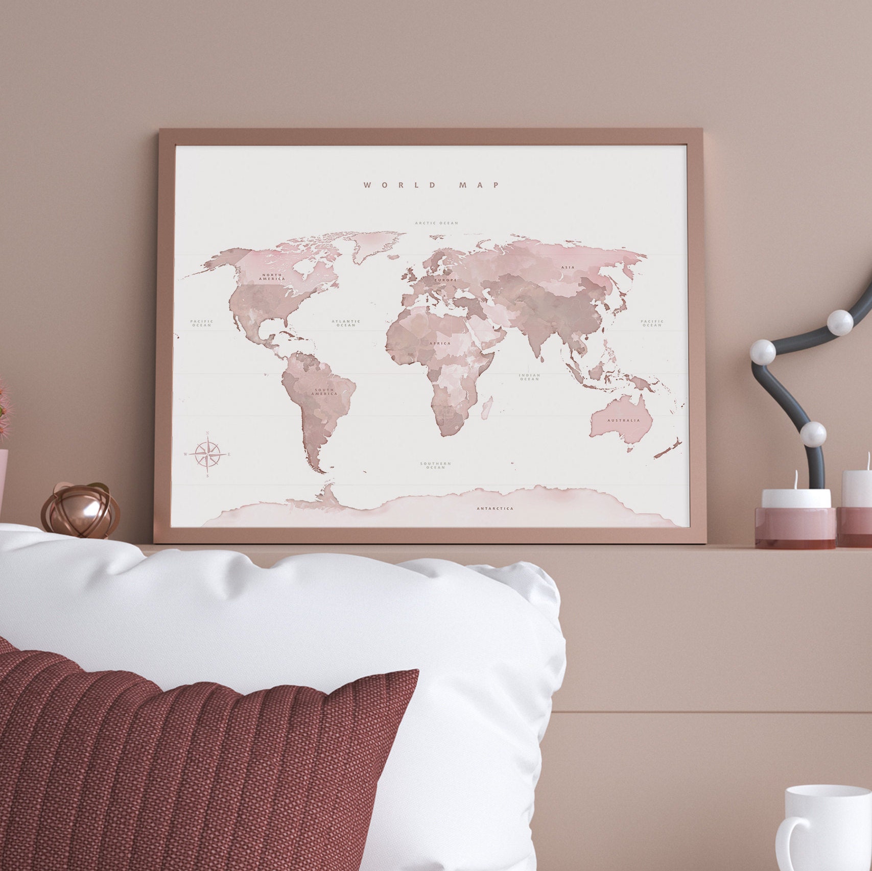 World Map Wall Art, Blush Pink Watercolor Map Print: Girl Room Decor ...