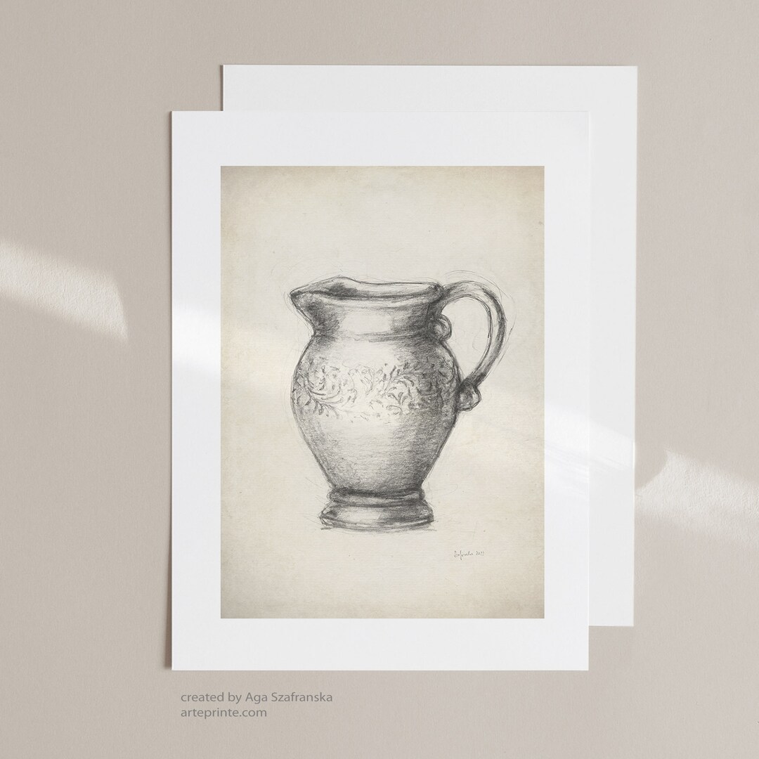 Vintage Style Art Print, Pencil Drawing, Antique Pitcher Print, Jug ...