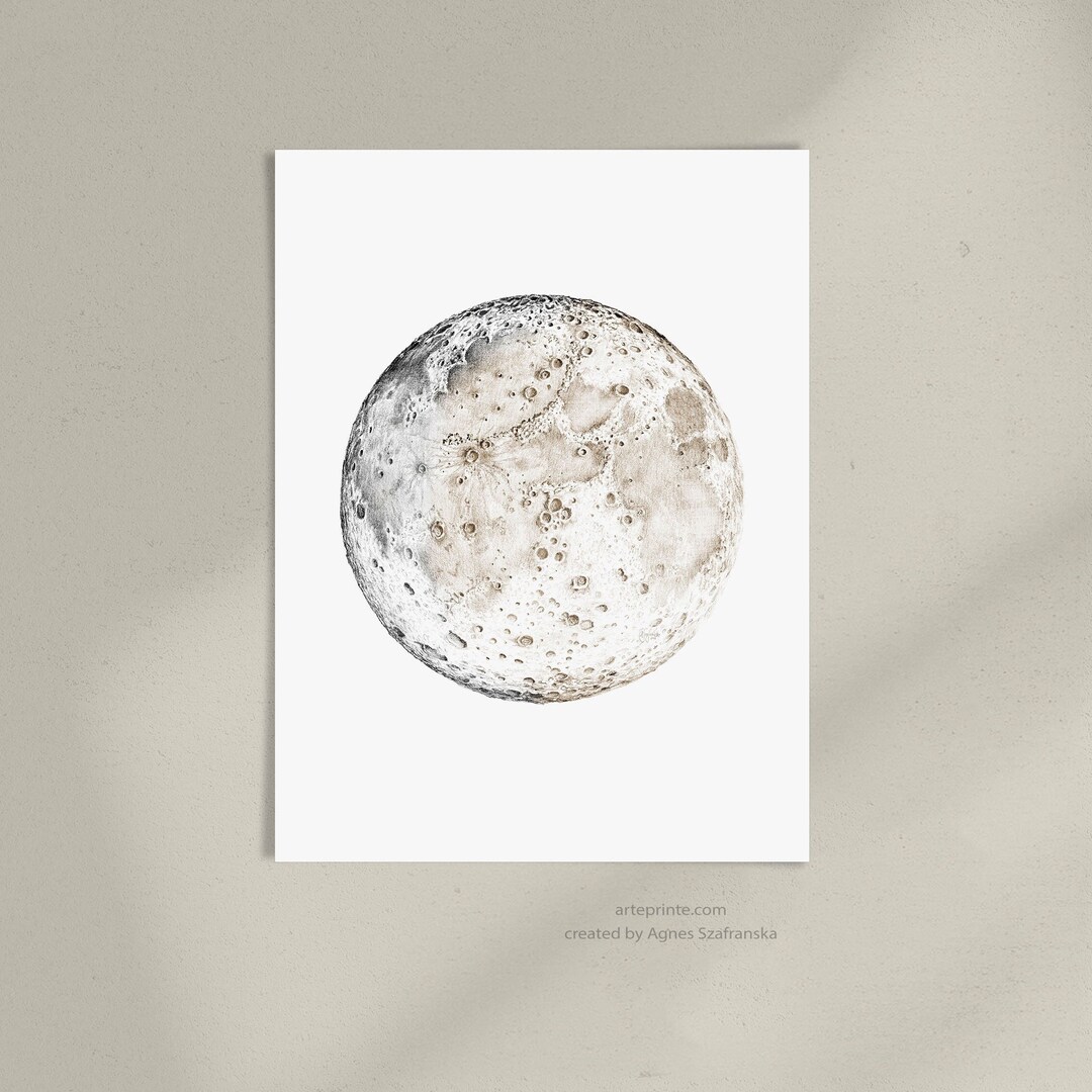 Moon Drawing Art Print, Pencil Drawing, Beige Gray Moon, Pencil Sketch ...
