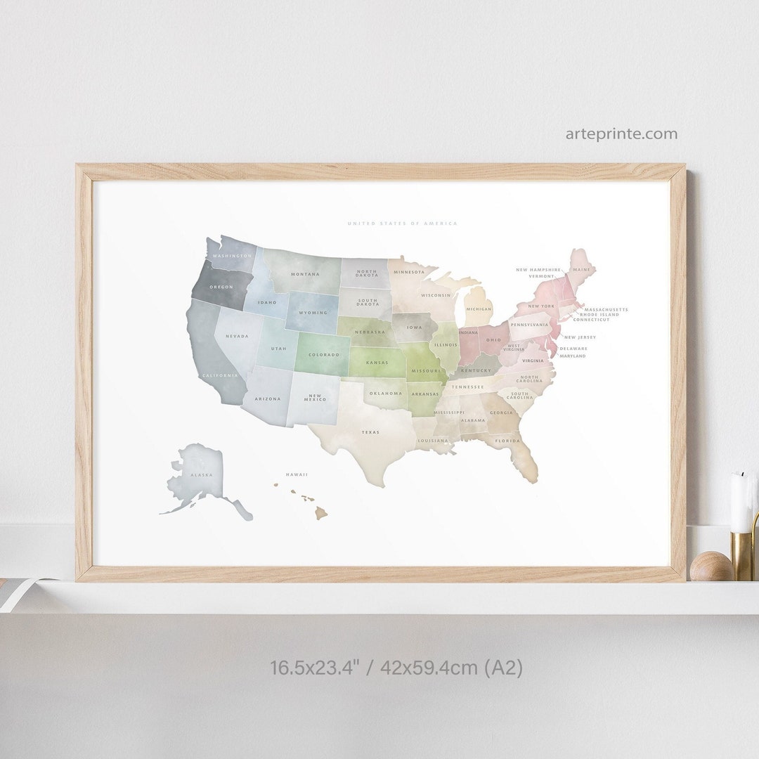 USA Map Print With State Names - Map of the USA - Pastel US Travel Map ...