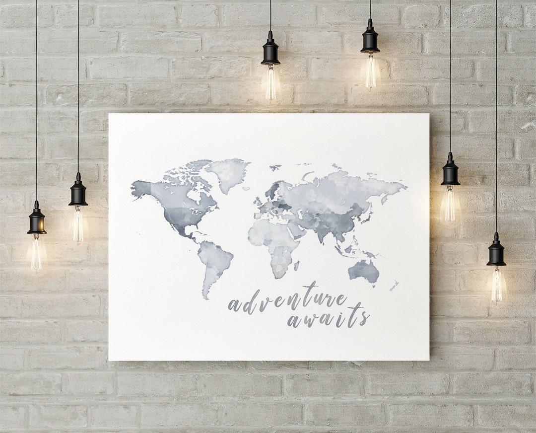 Adventure Awaits Map Art Print World Map Wall Art Gray Blue - Etsy
