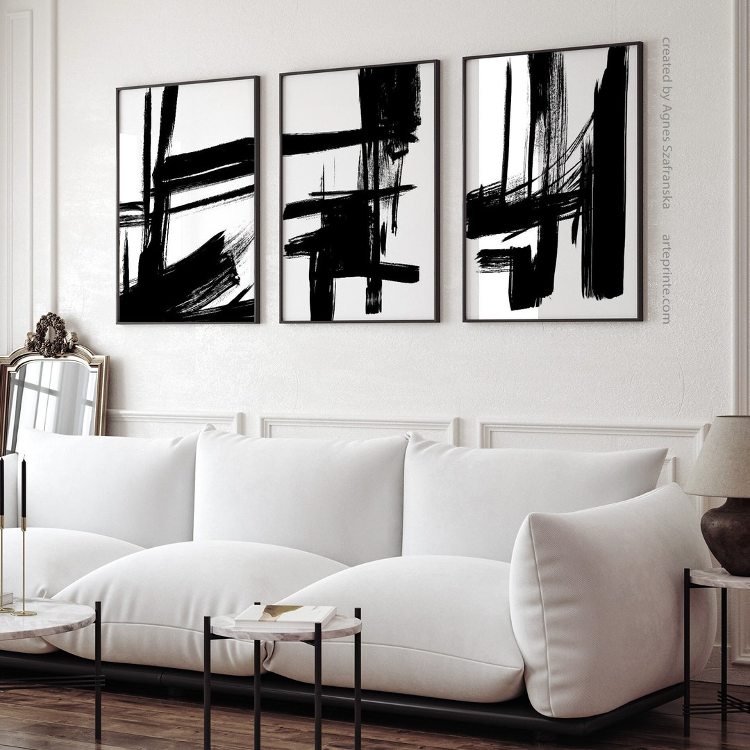 Set of 3 Black and White Abstract Prints, Modern Brush Stroke Wall Art ...