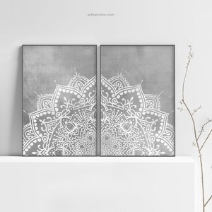 Gray Mandala Wall Art Set: Boho Giclee Prints, 2 Piece Canvas or Paper ...