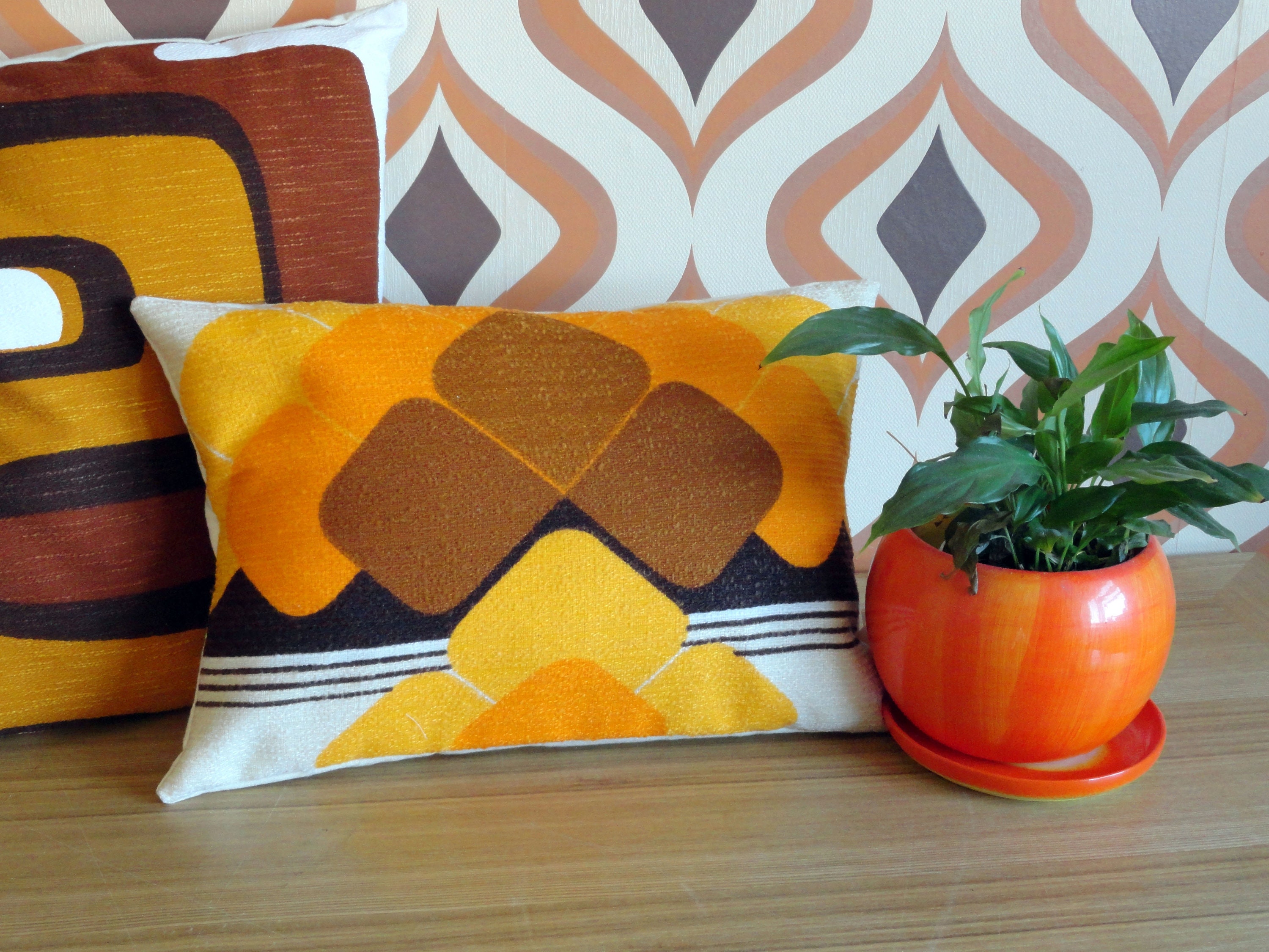 Vintage hand made genuine 1960s fabric Retro Brown and orange abstract ...