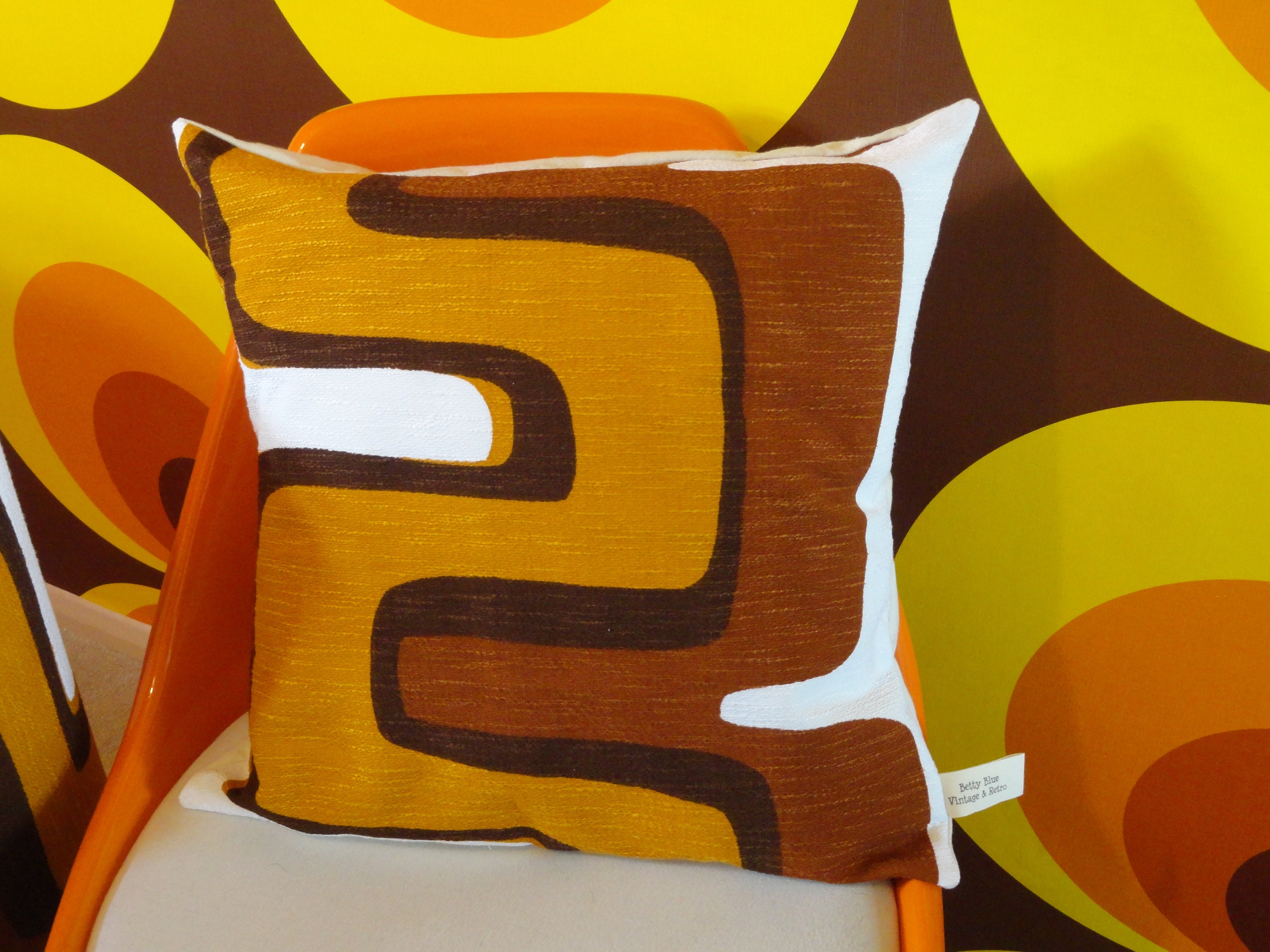 Vintage hand made genuine 1960s fabric Retro Brown and mustard abstract ...