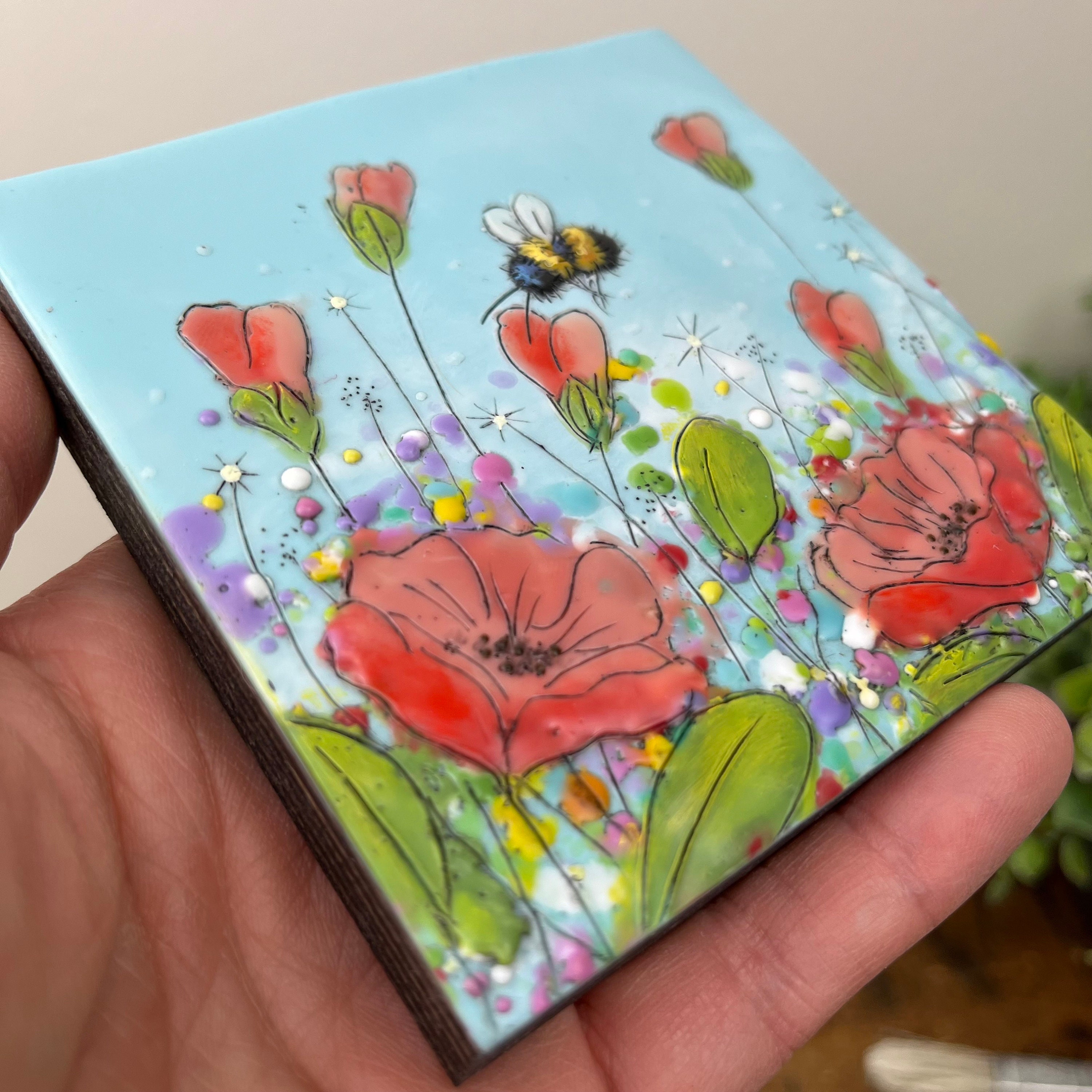 Beeswax Encaustic Painting: Bumble Bees in Flower Garden (4x4) - Etsy