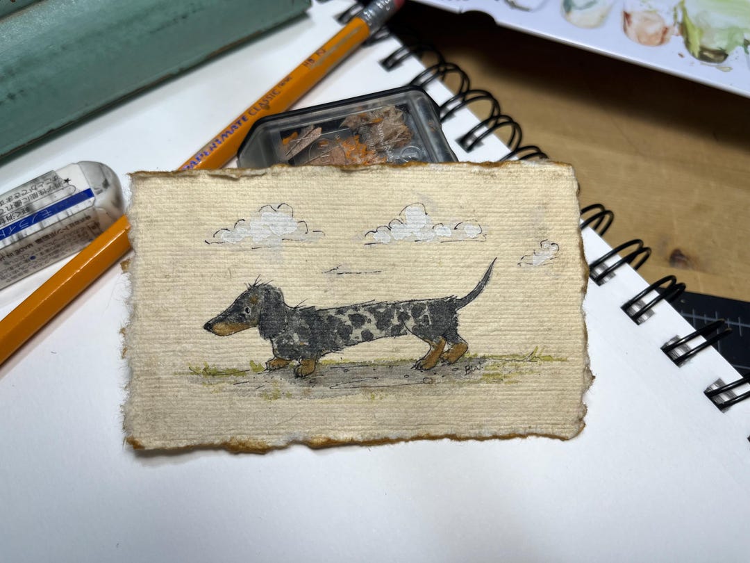 Dachshund Painting, Mini Silver Dapple Dachshund Tiny Original Gouache ...