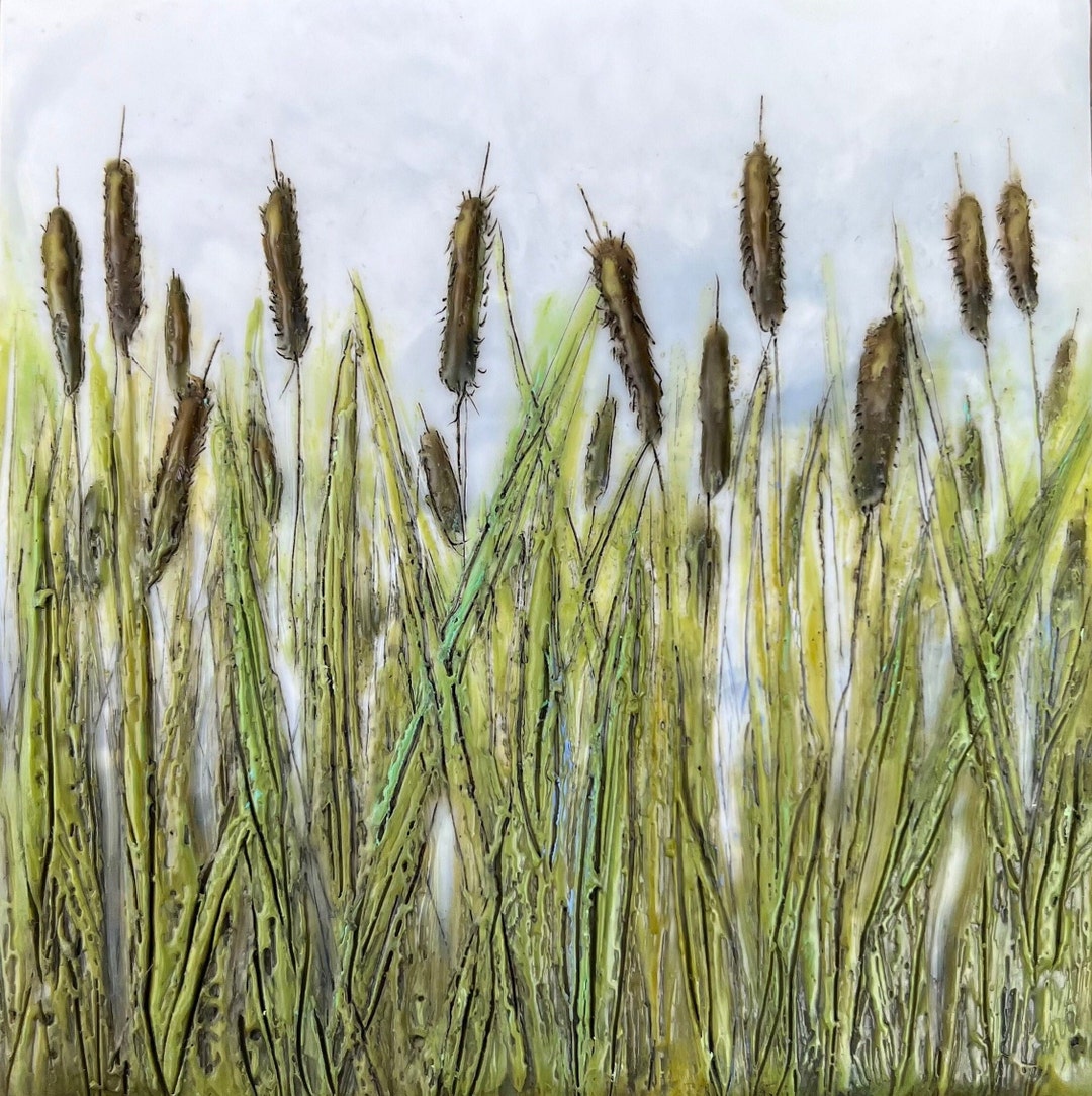 Mini Encaustic Cattail Painting, 4x4 Art, Beeswax Painting, Beeswax Art ...
