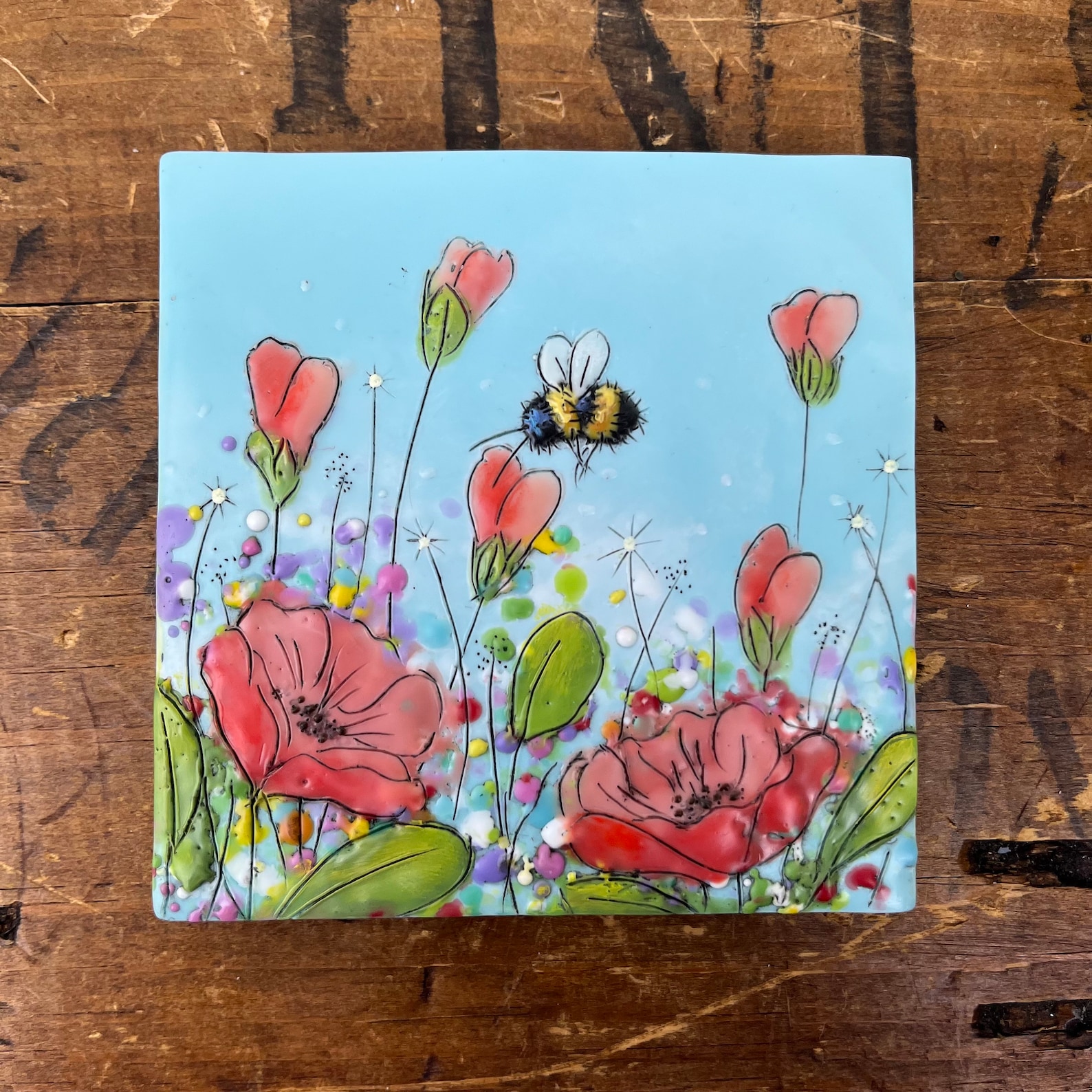 Beeswax Encaustic Painting: Bumble Bees in Flower Garden (4x4) - Etsy