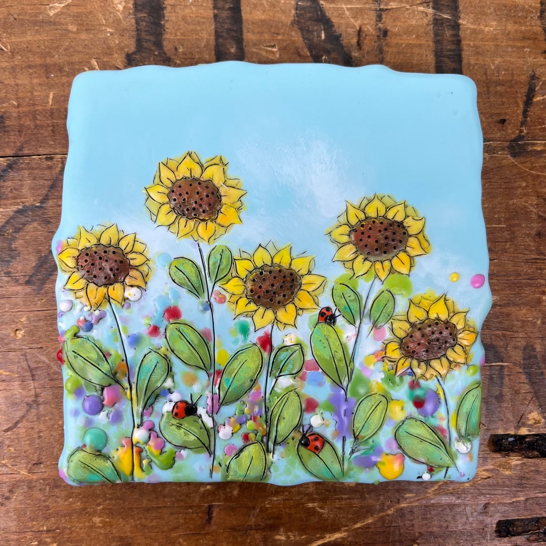 Ladybug and Sunflower Garden Art, 4”x4” Encaustic Beeswax Painting ...