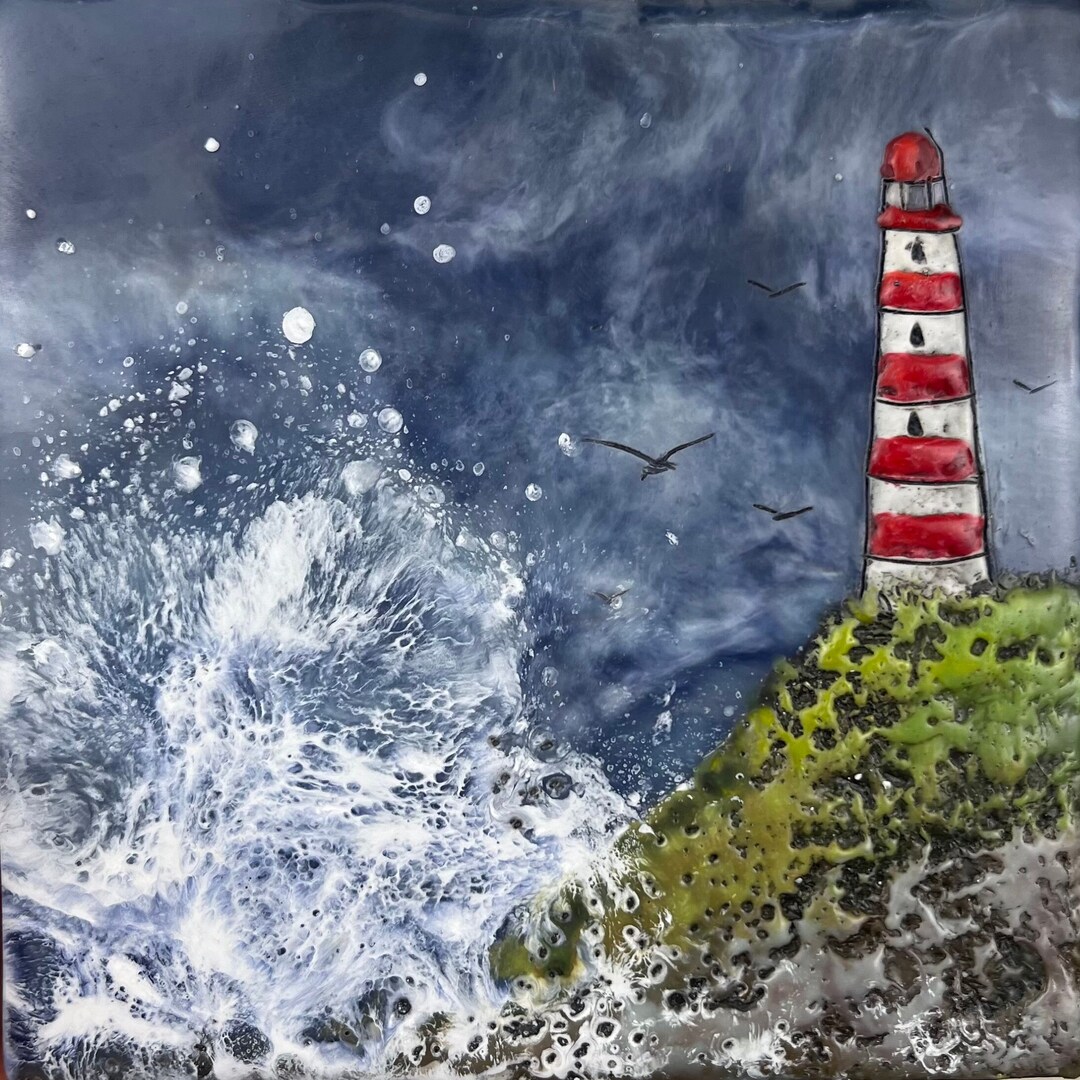 Encaustic Beeswax Coastal Ocean Lighthouse Painting, 4x4 Art, Small Art ...