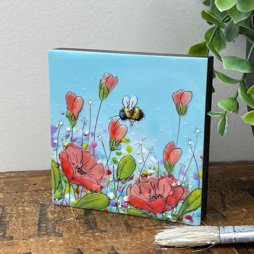 Bees and Flowers Original Encaustic Painting, 4”x4” Beeswax Dimensional ...