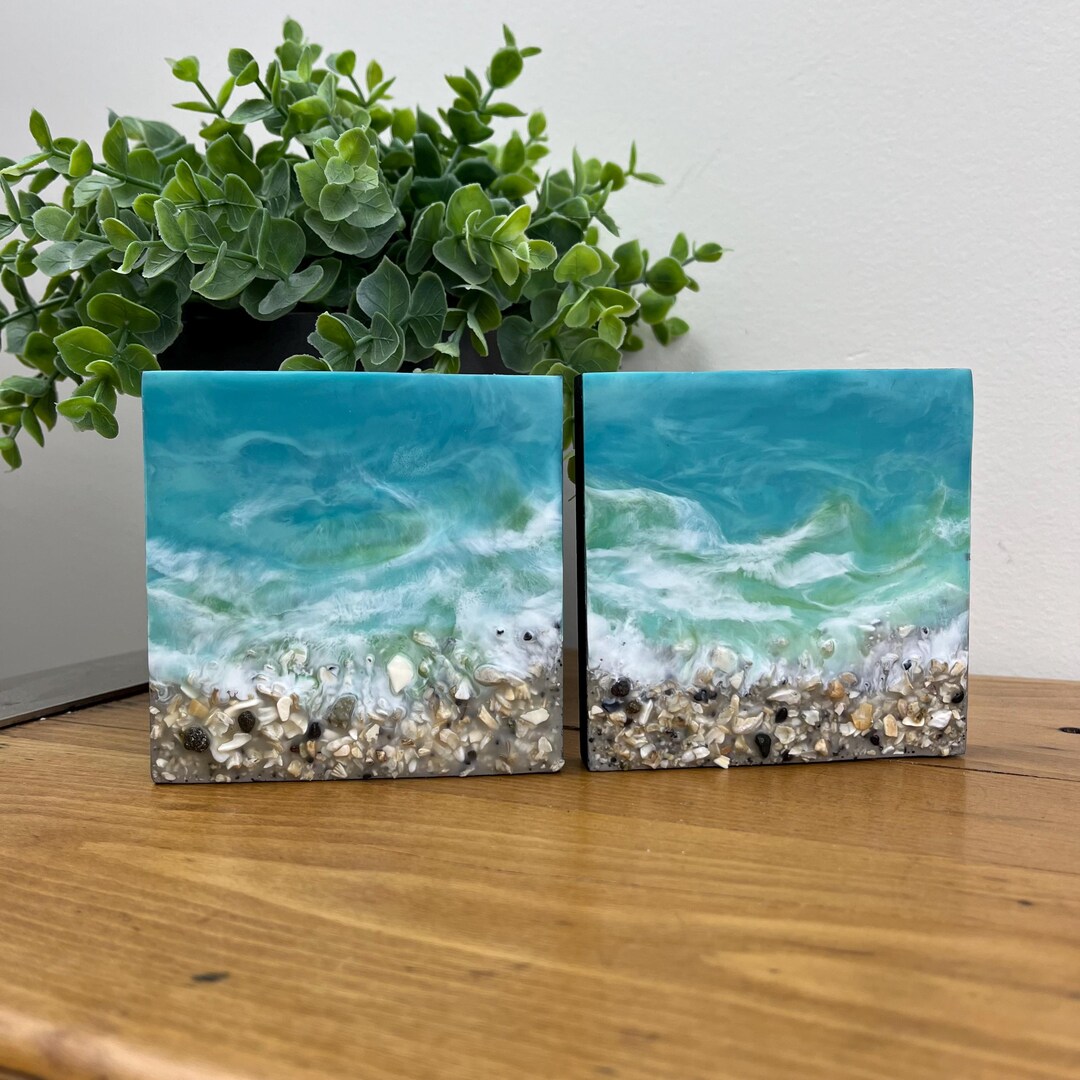 Encaustic Seascape Diptych: Mini Ocean Wave Art With Shells - Etsy