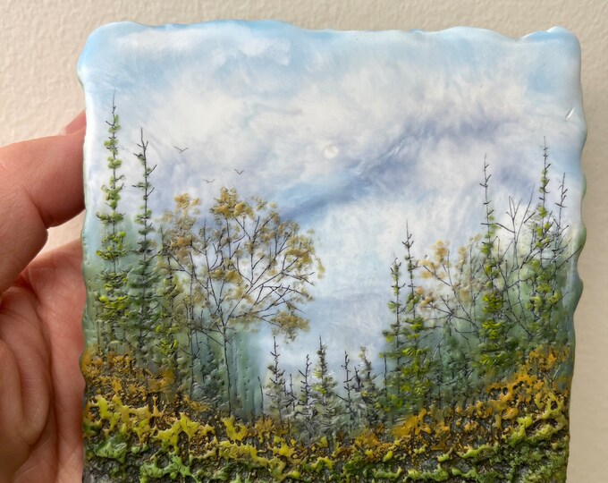Encaustic Beeswax Mountain Forest Landscape Painting, Pine Trees Lake ...