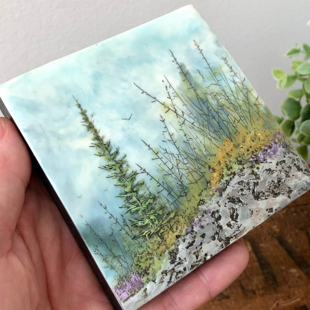 Encaustic Beeswax Mountain Forest Landscape Painting, Pine Trees Lake ...