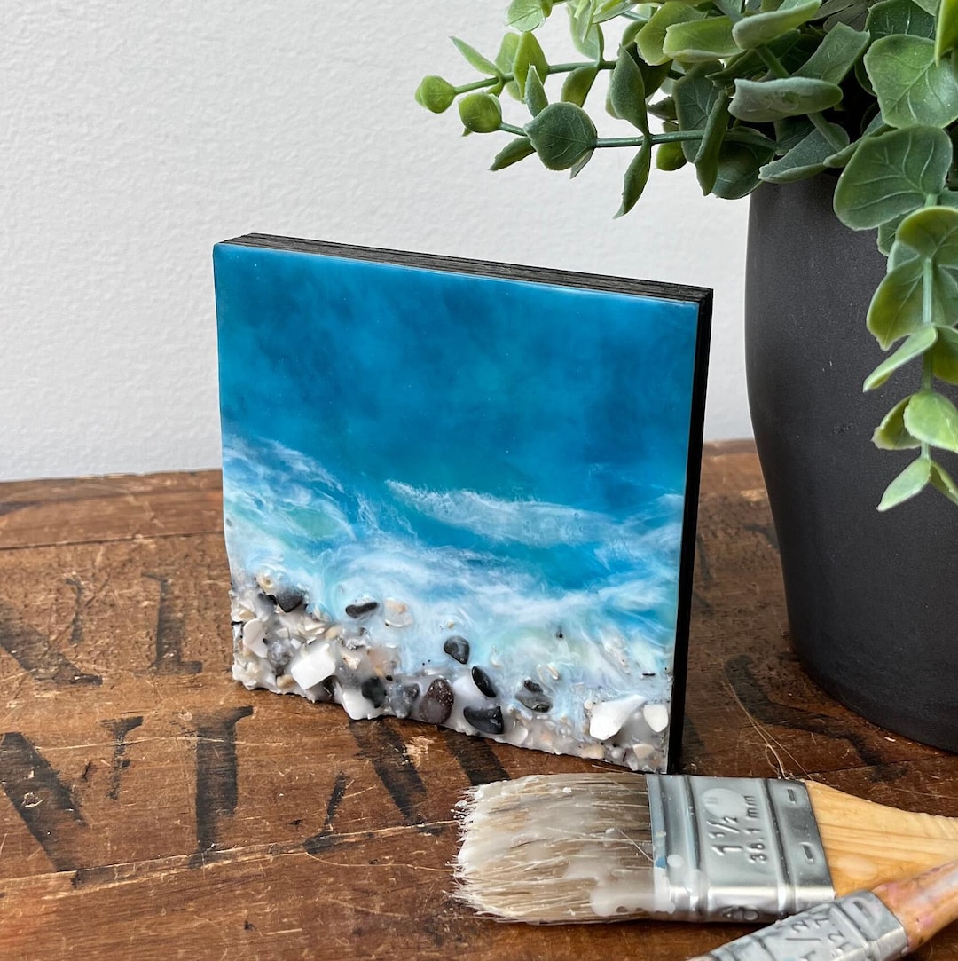 Ocean Waves Encaustic Beeswax Painting With Real Shells and Sand, Mini ...