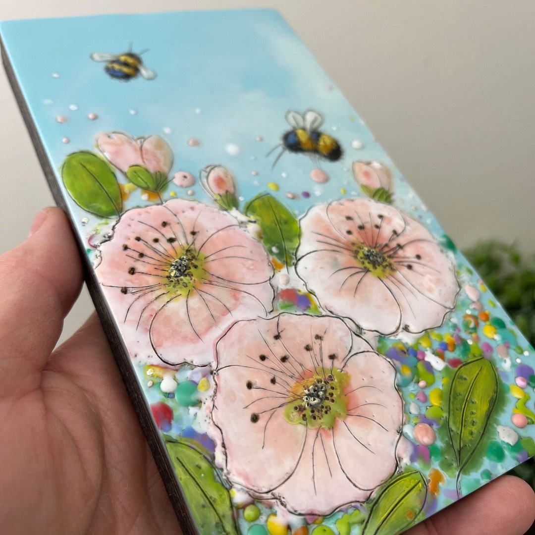 Bees and Flowers Original Encaustic Painting, Beeswax Art, Dimensional ...