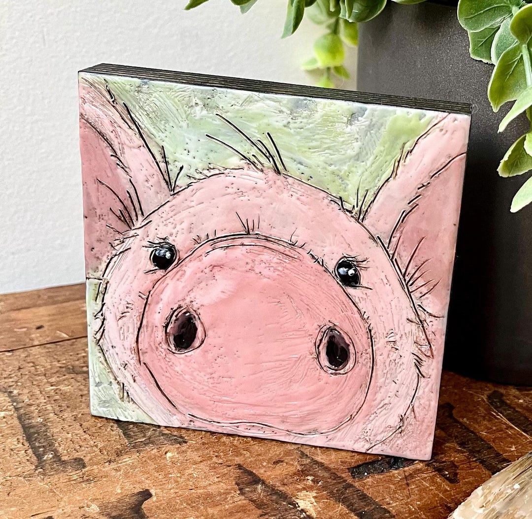 Wax Pig Painting, 4”x4”, Piggie Piglet Pig Mini Small Art, Textural ...