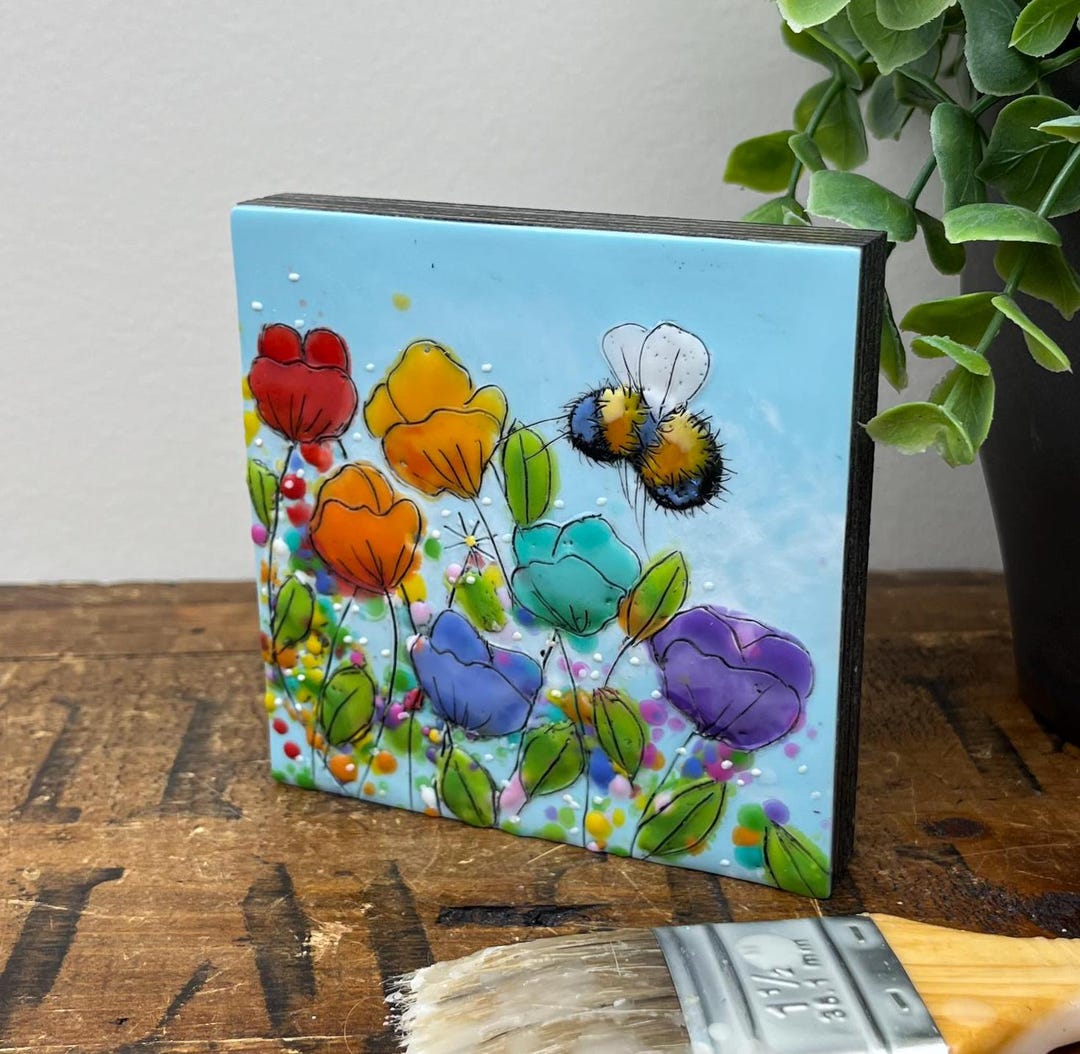Bees and Flowers Original Encaustic Painting, 4x4 Beeswax Dimensional ...