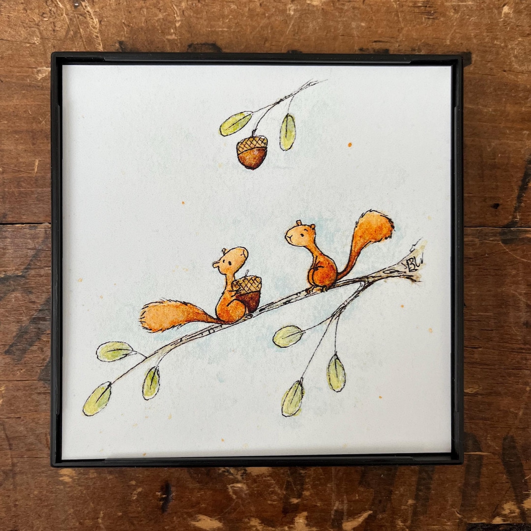 Squirrels With Acorn Print: Original Watercolor Illustration (4x4) - Etsy